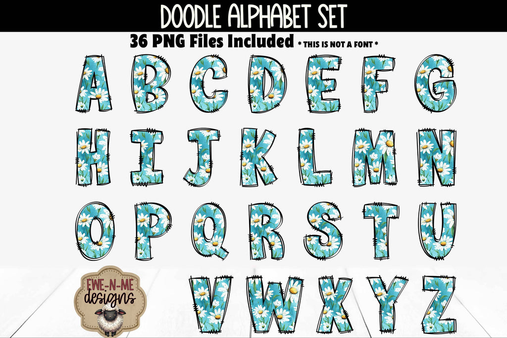 Blue Daisy Doodle Alphabet Numbers | White Daisy PNG Letters - So Fontsy