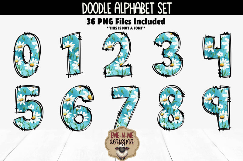 Blue Daisy Doodle Alphabet Numbers | White Daisy PNG Letters - So Fontsy