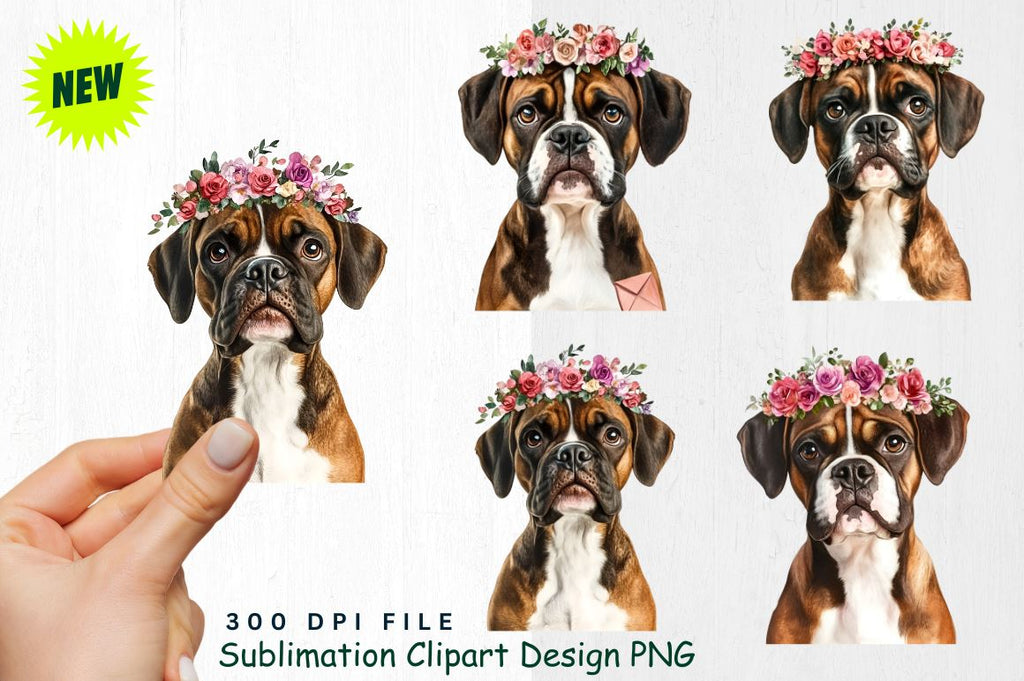 Boxer with Flower Crown and Love Letters Clipart - So Fontsy