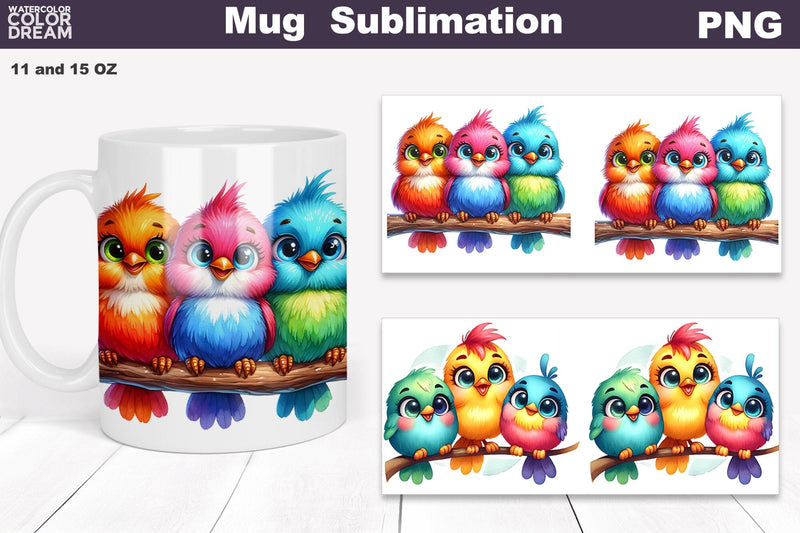 Bright Funny Birds Mug Sublimation | Cute Bird Mug Wrap - So Fontsy