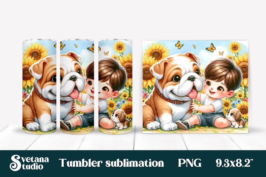 Bulldog boy sunflower tumbler sublimation PNG design - So Fontsy