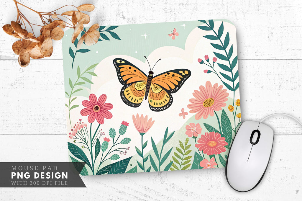 Butterfly and Blooms Nature Themed Mouse Pad Design - So Fontsy