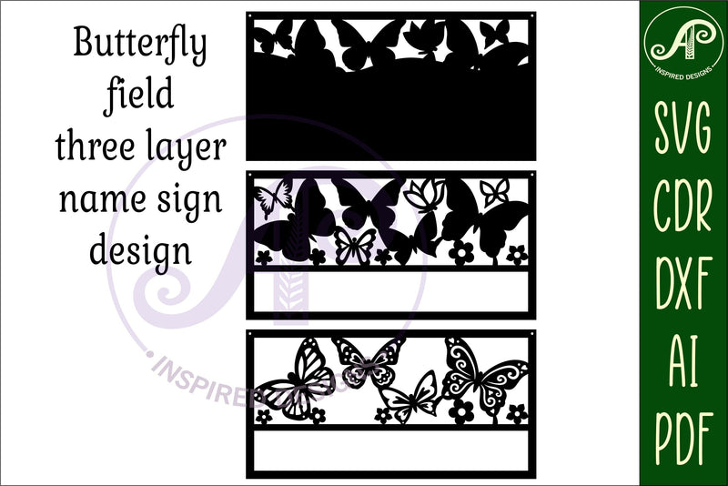 Butterfly field scene name sign SVG 3 layer laser cut - So Fontsy