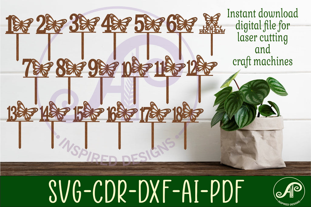 Butterfly number cake toppers, 19 designs SVG laser cut - So Fontsy