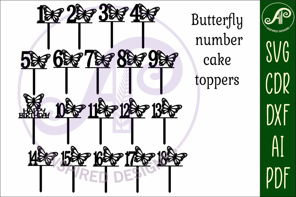 Butterfly number cake toppers, 19 designs SVG laser cut - So Fontsy