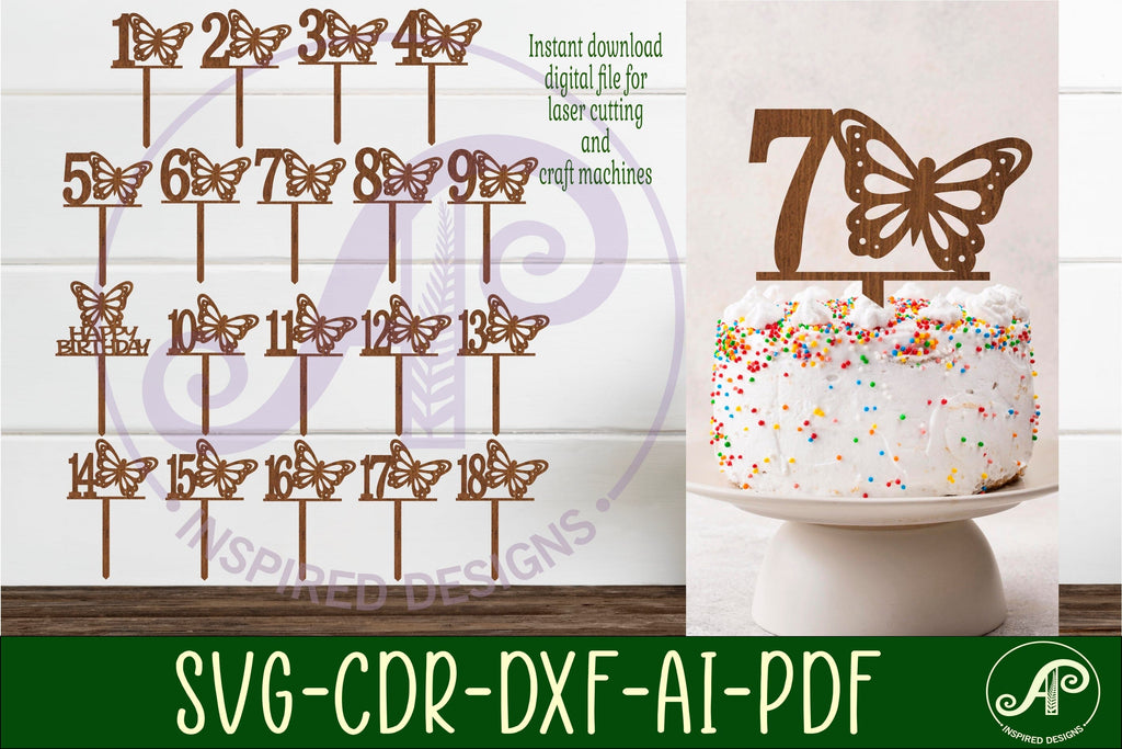 Butterfly number cake toppers, 19 designs SVG laser cut - So Fontsy