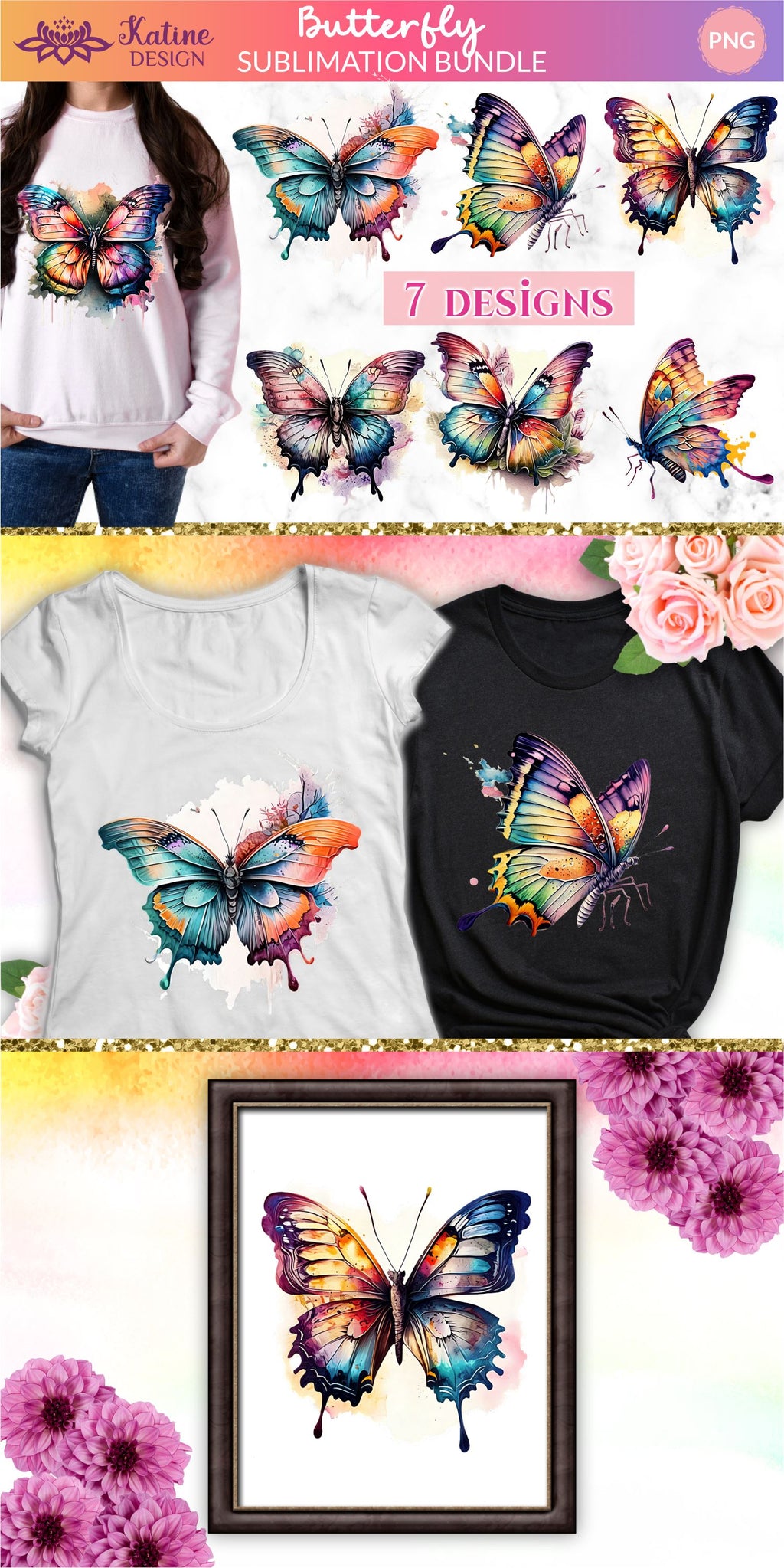 Butterfly PNG, Sublimation Design Bundle, Watercolor Butterfly Clipart ...