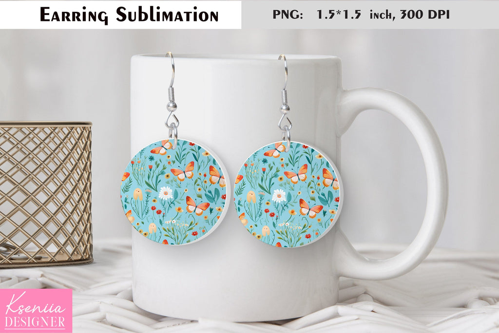 Butterfly round earring sublimation. Summer earring design - So Fontsy