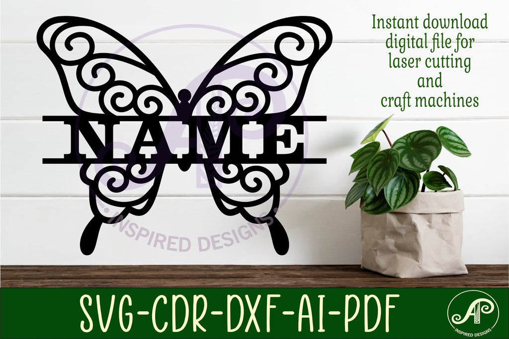 Butterfly swirls design 2 name sign svg laser cut file - So Fontsy