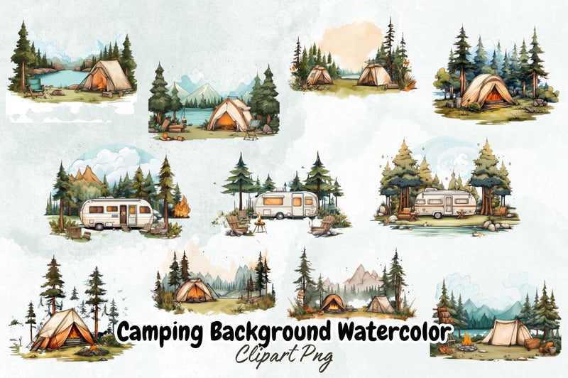 Camping Background Watercolor Clipart Bundle - So Fontsy