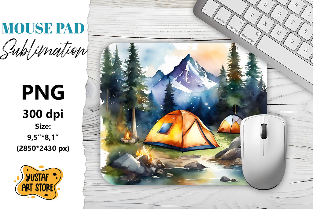 Camping mouse pad sublimation. Watercolor mountain landscape - So Fontsy