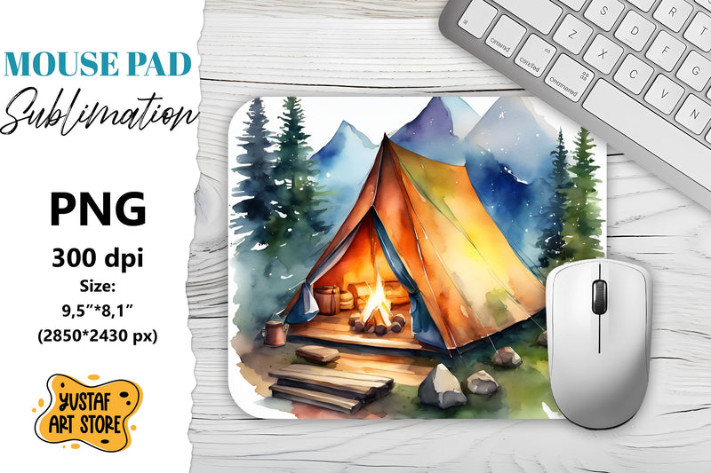 Camping mouse pad sublimation. Watercolor mountain landscape - So Fontsy