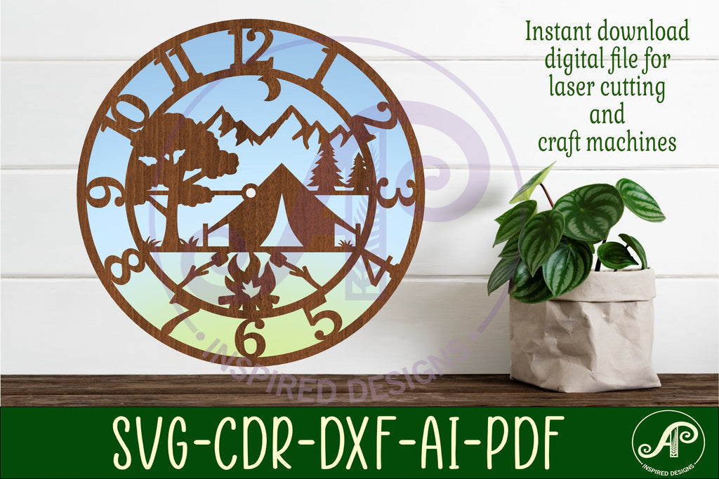 Camping wall clock laser cut files, SVG file. - So Fontsy