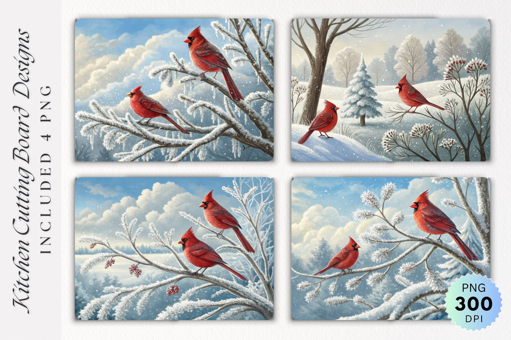 Cardinals on Snowy Branches with Frost Details Cutting Board - So Fontsy