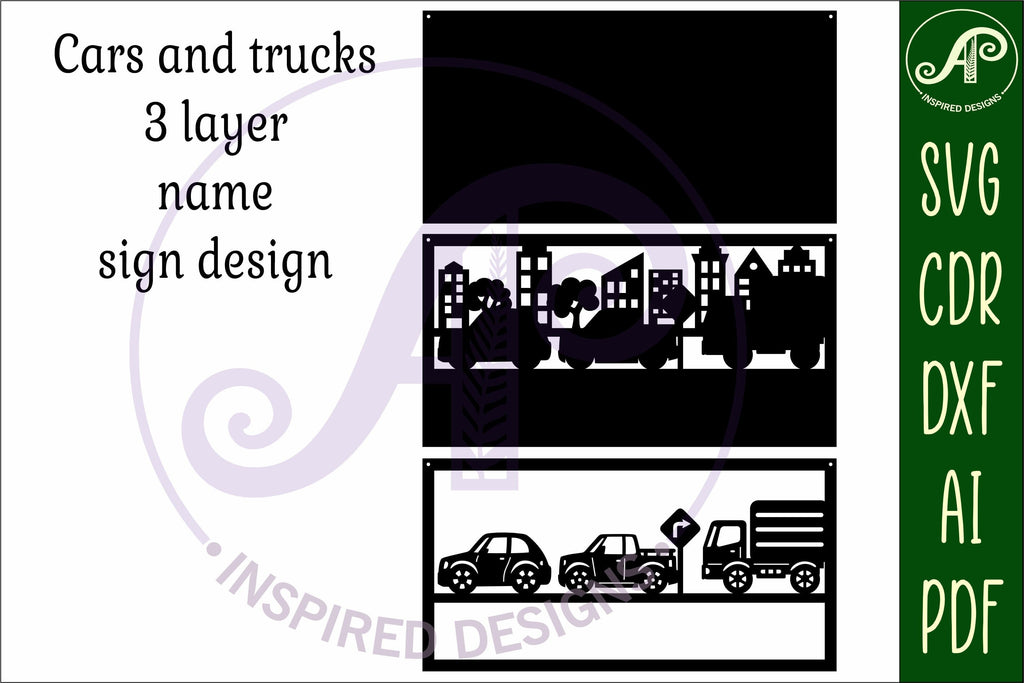 Cars and trucks layered design name sign svg laser cut - So Fontsy