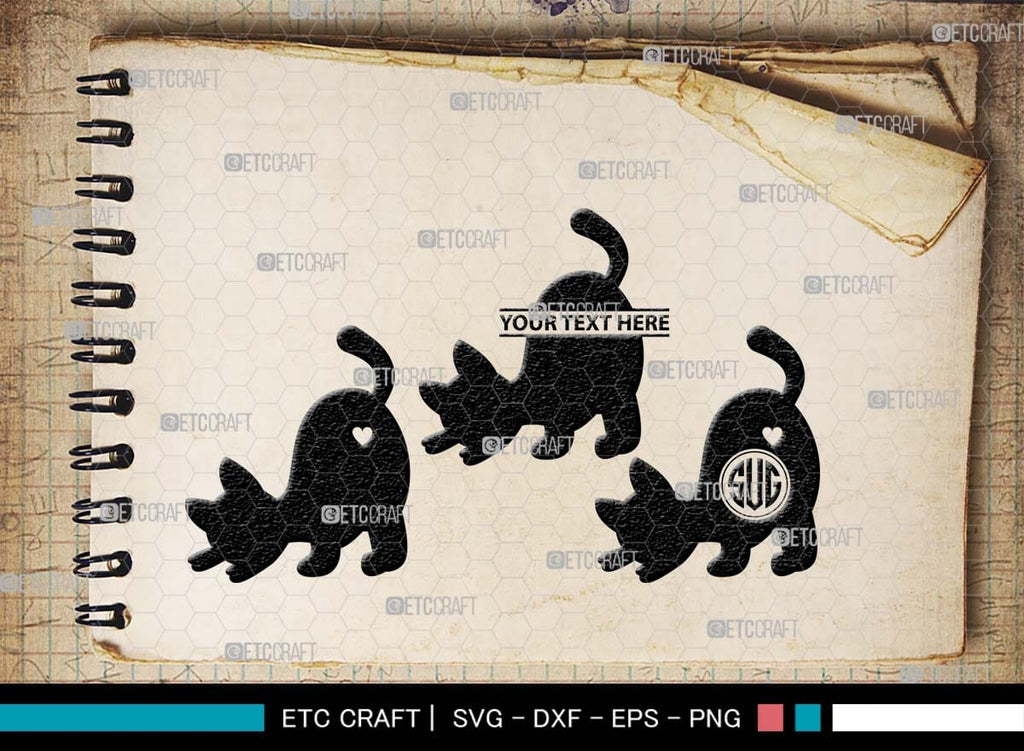 Cat Butt Monogram, Cat Butt Silhouette, Cat Butt SVG, Pet Svg, Meow Sv ...