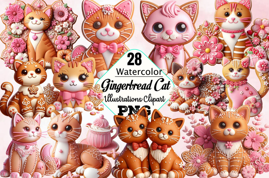 Cat Clipart, Gingerbread Cat, Kitten PNG Bundle - So Fontsy