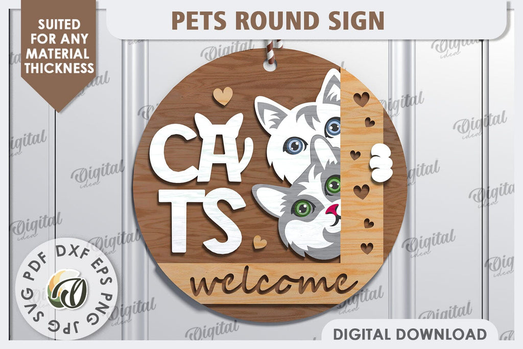 Cat Round Sign Laser Cut Design. Welcome Door Hanger SVG - So Fontsy