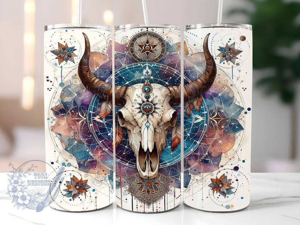 Celestial Cow Skull 20oz Skinny Tumbler, Mystical Bull Skull Graphic ...