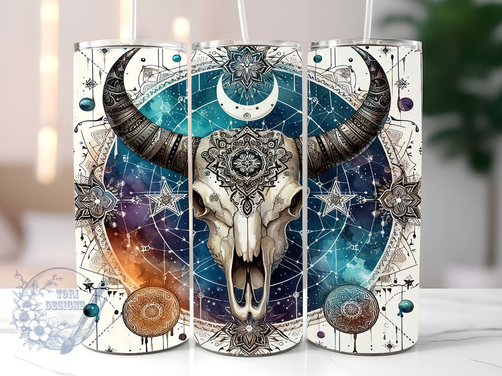Celestial Cow Skull 20oz Skinny Tumbler, Mystical Bull Skull Graphic ...