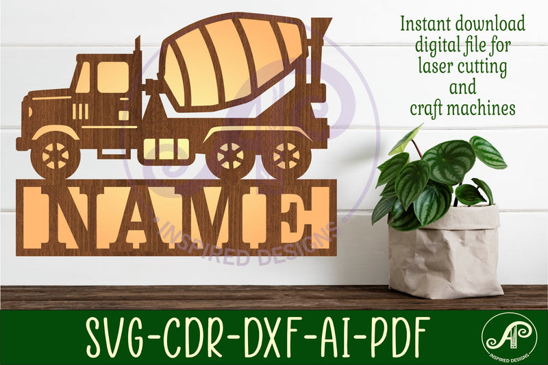 Cement truck construction vehicle name sign svg laser cut - So Fontsy
