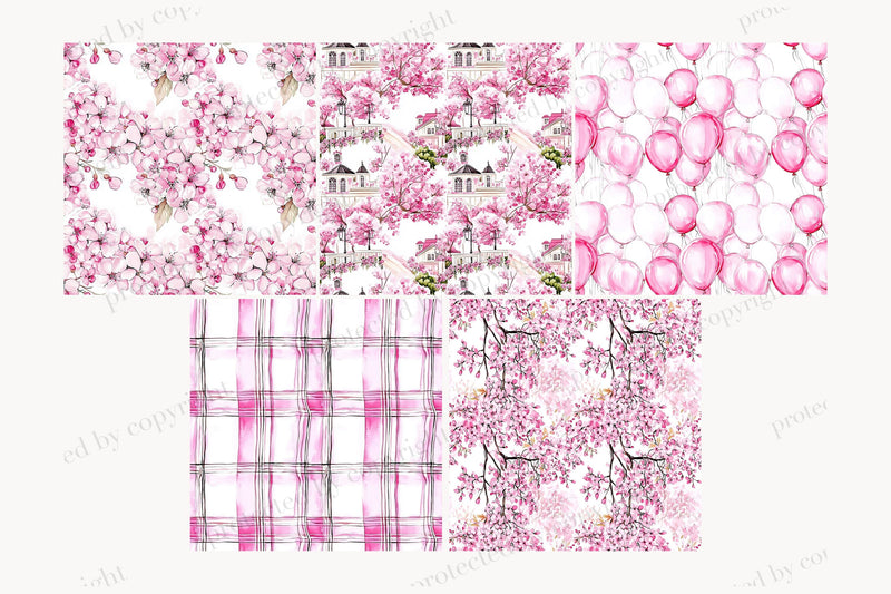 Cherry Blossom Digital Paper Spring Garden Seamless Patterns - So Fontsy