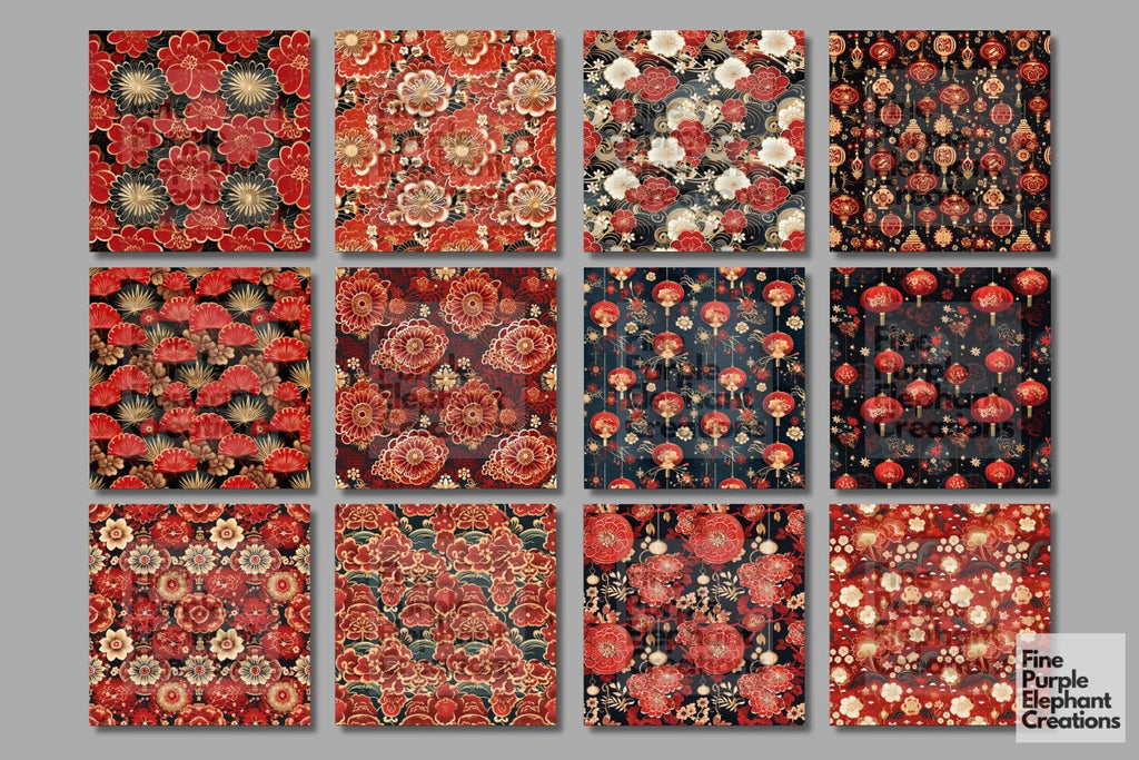 Chinese Lunar New Year Digital Paper | Red Gold Asian Pattern - So Fontsy