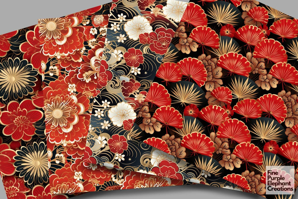 Chinese Lunar New Year Digital Paper | Red Gold Asian Pattern - So Fontsy