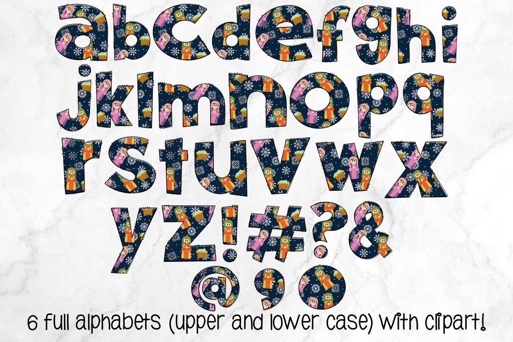 Christian Christmas Doodle Alphabet, Nativity Set Clipart - So Fontsy