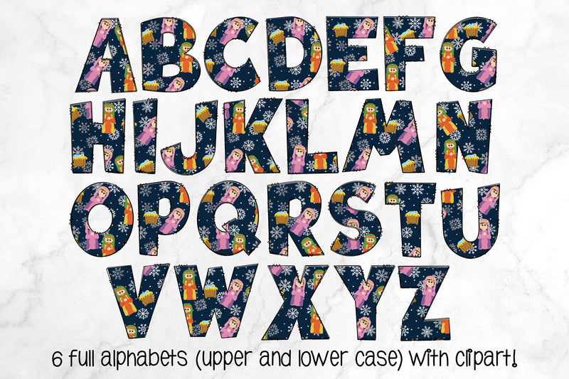 Christian Christmas Doodle Alphabet, Nativity Set Clipart - So Fontsy