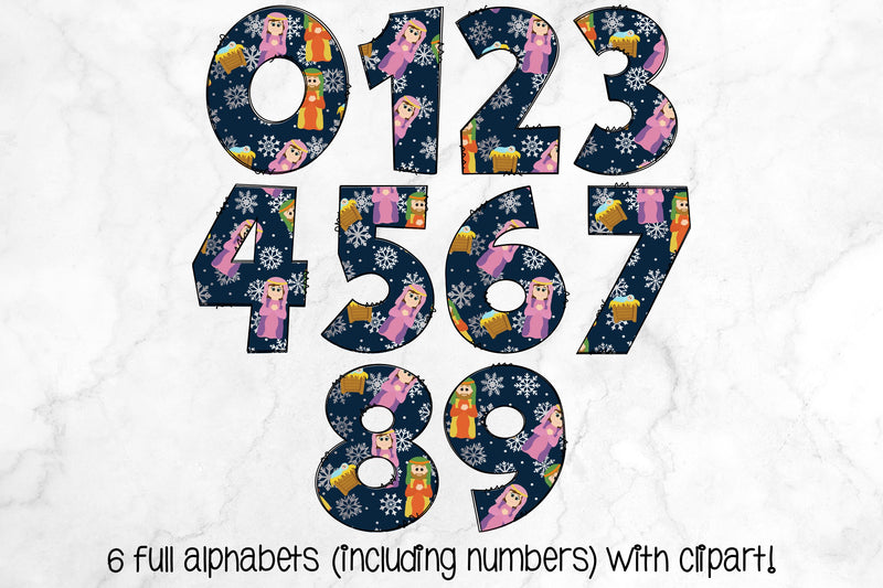 Christian Christmas Doodle Alphabet, Nativity Set Clipart - So Fontsy
