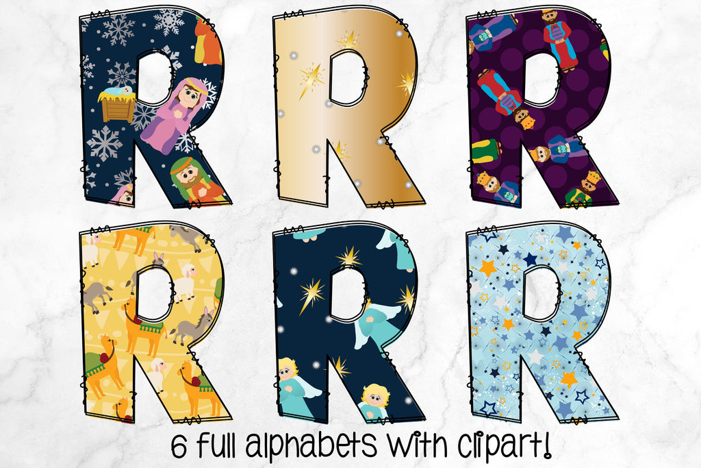 Christian Christmas Doodle Alphabet, Nativity Set Clipart - So Fontsy