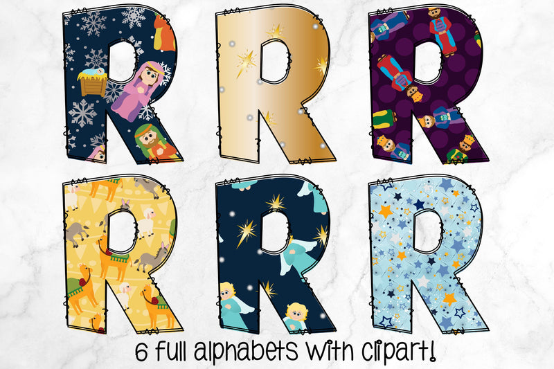 Christian Christmas Doodle Alphabet, Nativity Set Clipart - So Fontsy