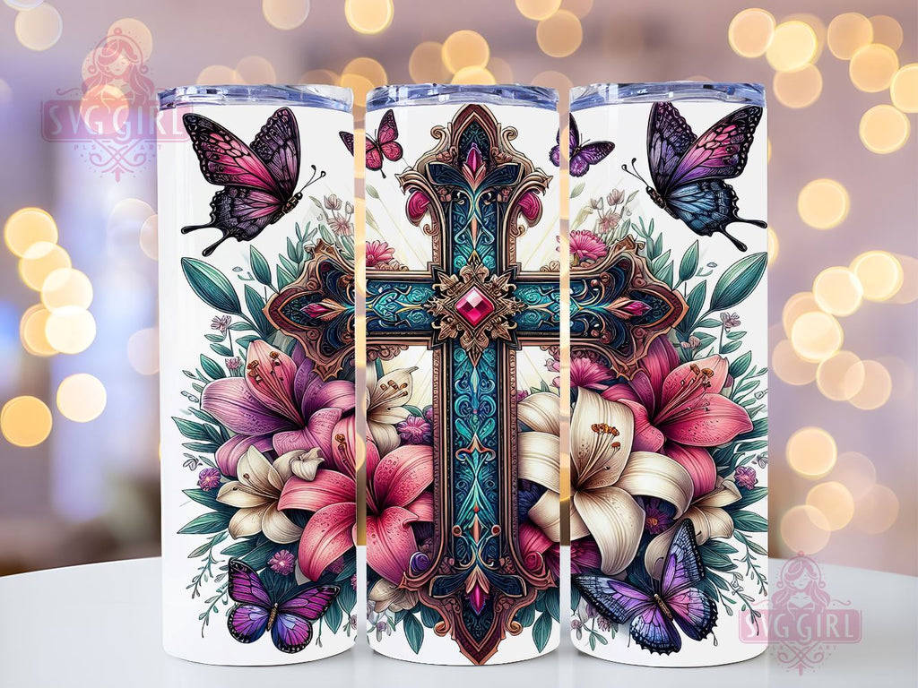 Christian Floral Cross 20oz Tumbler Wrap Sublimation Design, Straight ...