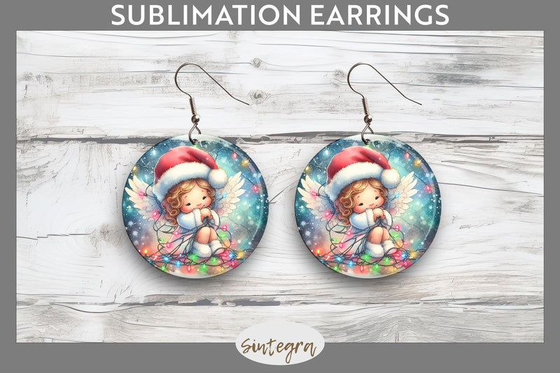 Christmas Angel Entangled in Lights Round Earrings Sublimation - So Fontsy
