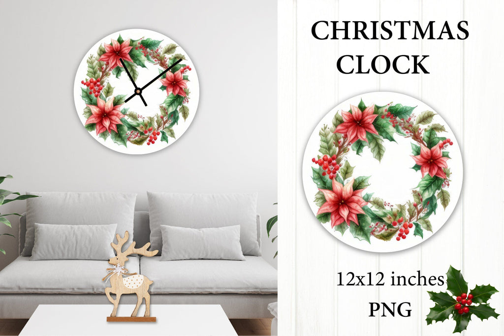 Christmas Clock Face PNG. Poinsettia Wreath Sublimation - So Fontsy