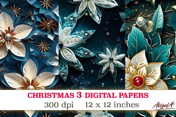 Christmas digital paper / 3d flowers, 3d snowflake png - So Fontsy