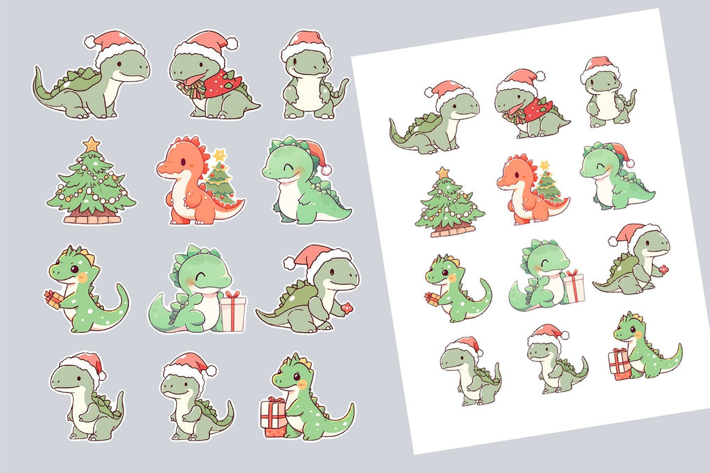 Christmas Dinosaur Stickers PNG, Printable Sticker Sheet - So Fontsy
