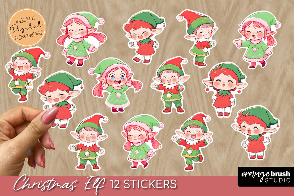 Christmas Elf Stickers, Printable Sticker Sheet - So Fontsy