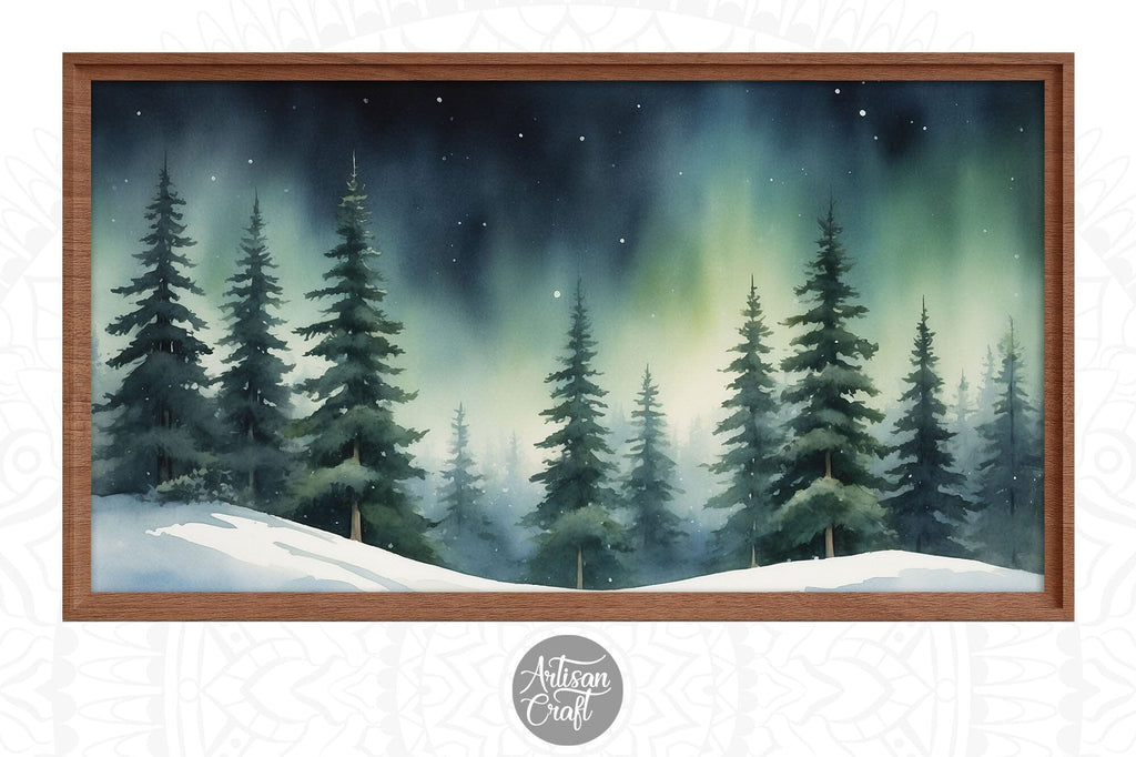 Christmas Frame TV art, pine tree forest, aurora borealis | So Fontsy
