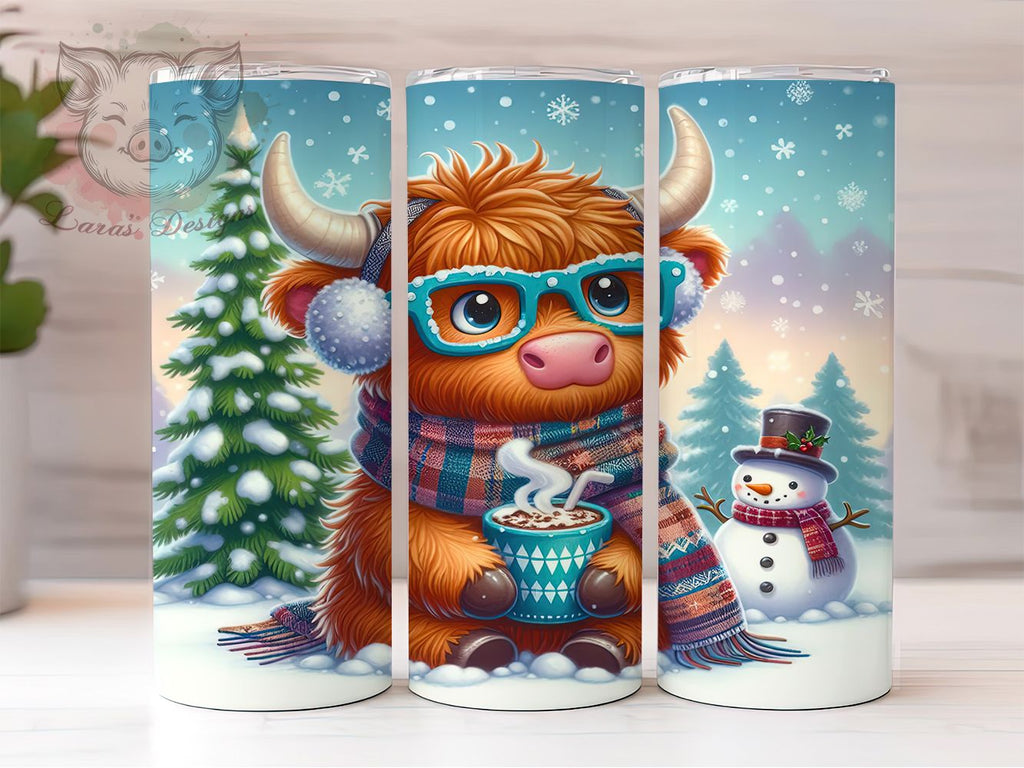 Christmas Highland Cow Winter Tumbler, Baby Cow, Christmas Wrap, 20Oz ...