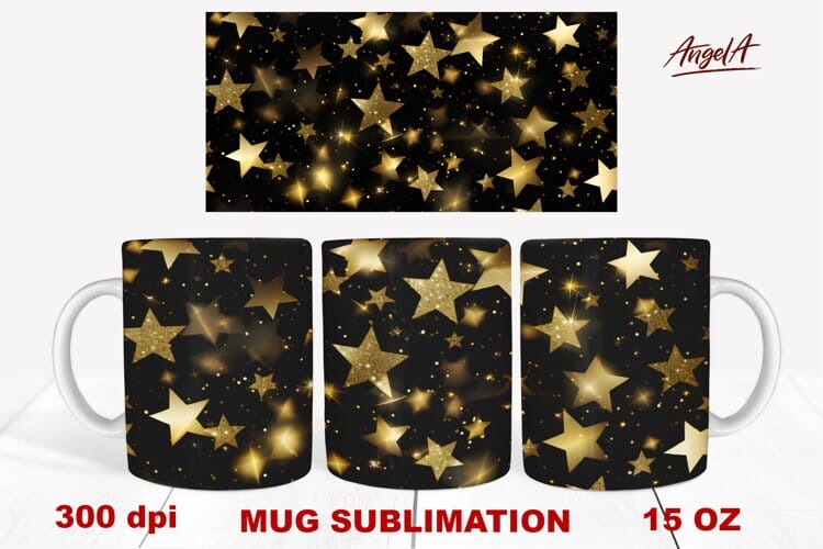 Christmas shiny mug wrap sublimation / sequin gold stars - So Fontsy