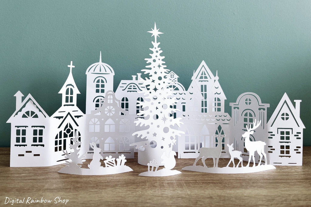 Christmas village svg template, 3d Christmas scene papercut - So Fontsy