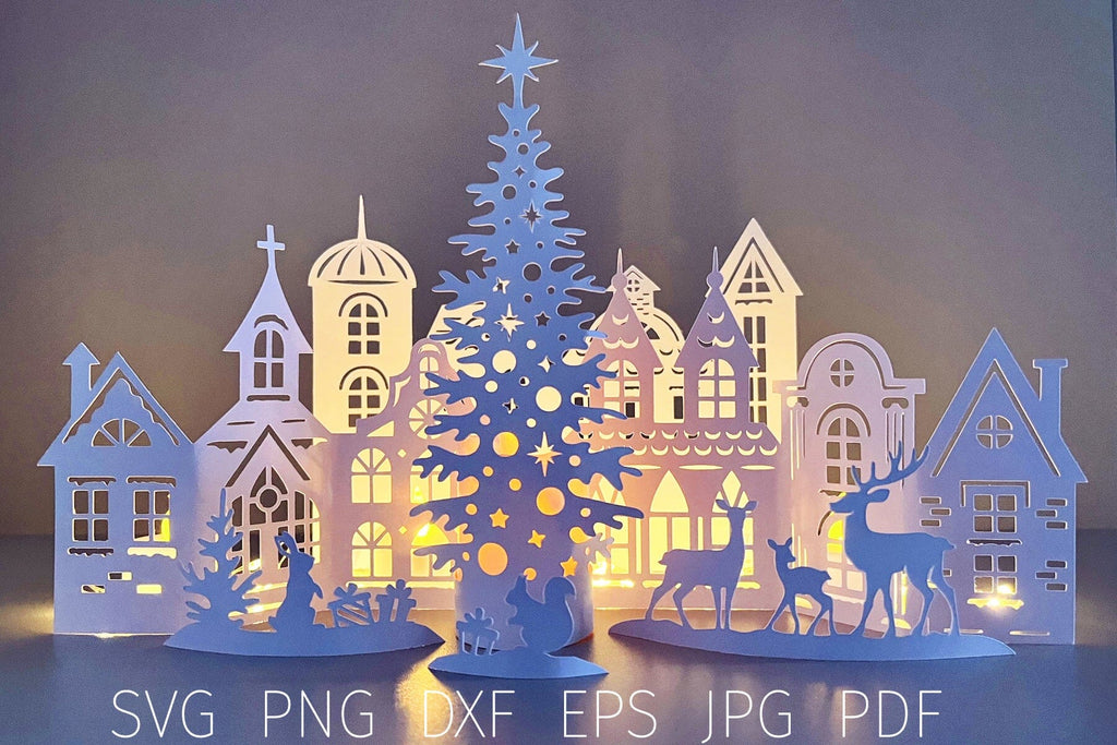 Christmas village svg template, 3d Christmas scene papercut - So Fontsy