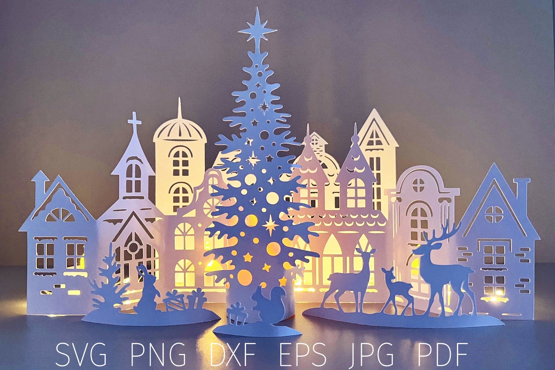 Christmas village svg template, 3d Christmas scene papercut - So Fontsy