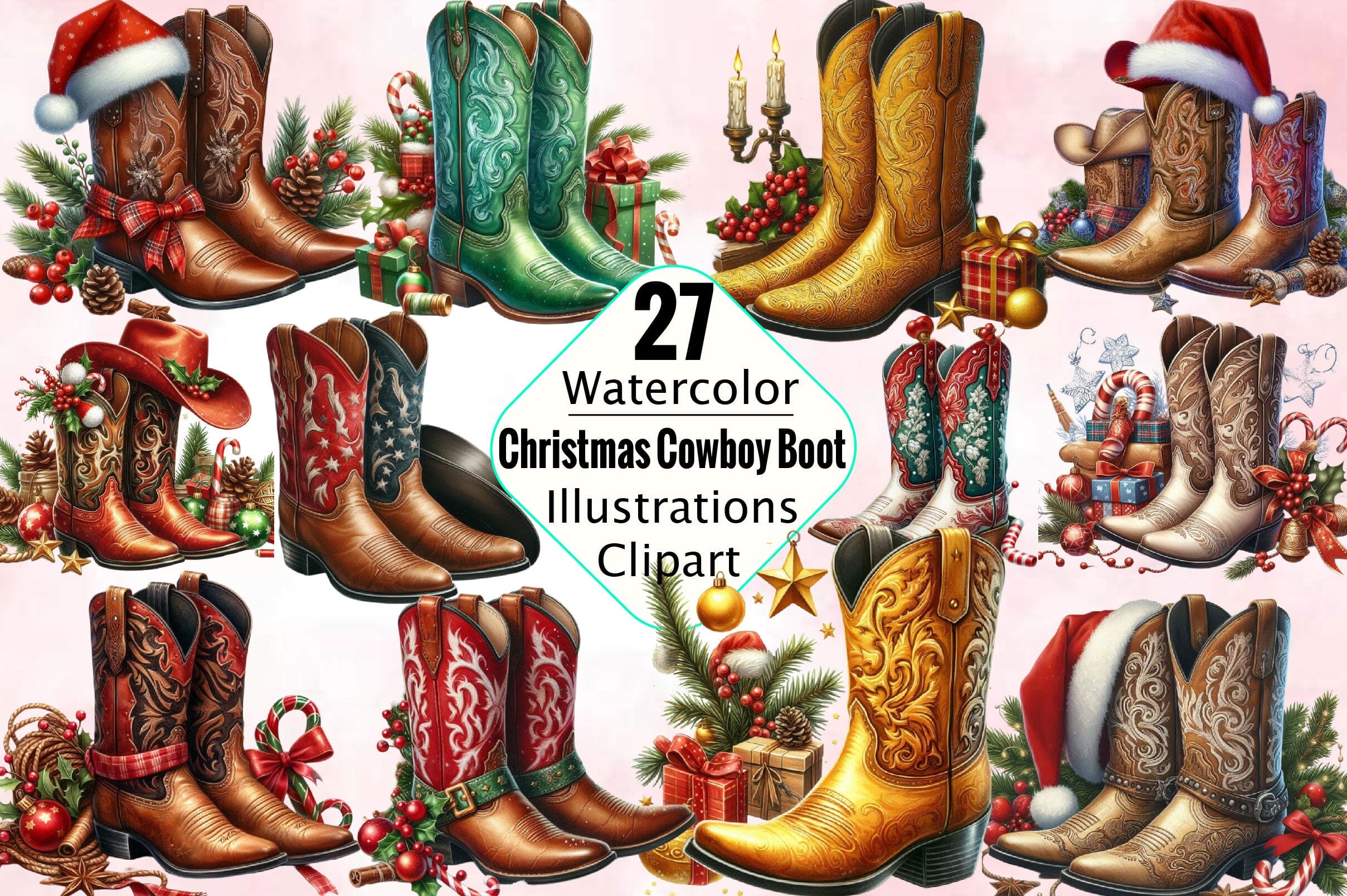 Christmas Western Cowboy Boot Sublimation Clipart Bundle - So Fontsy