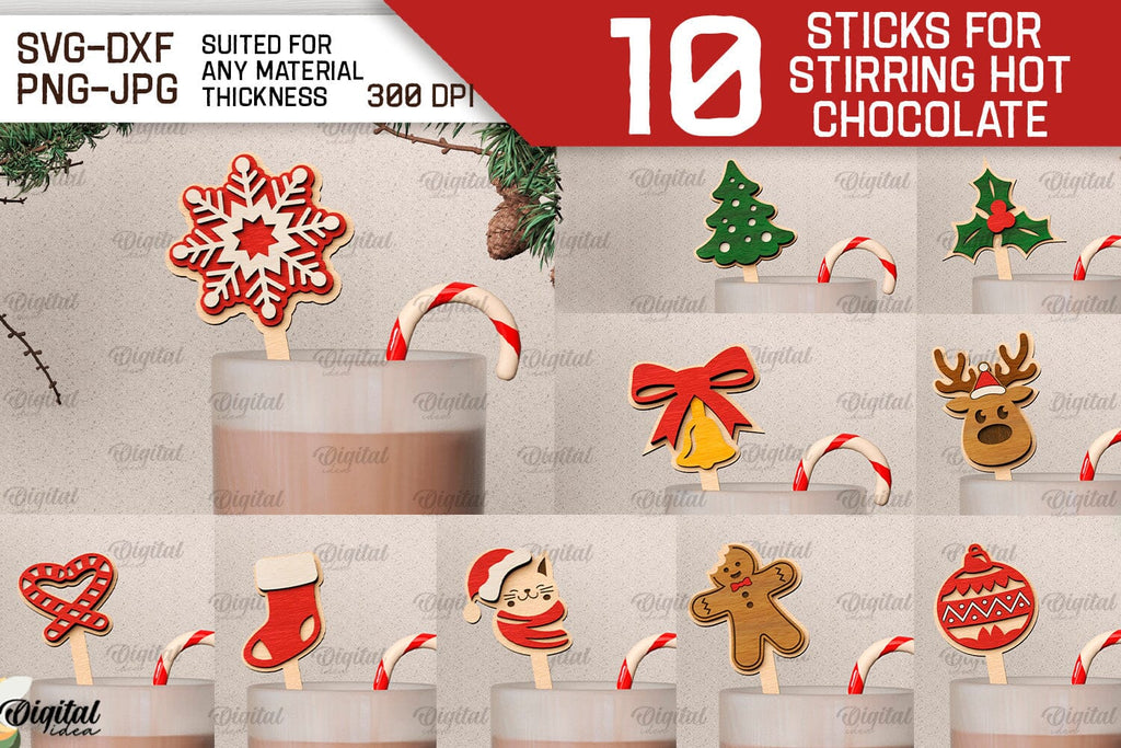 Christmas Wooden Hot Chocolate Stirrers Laser Cut Bundle - So Fontsy