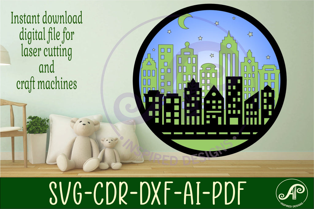 City scene layered wall art sign, SVG file - So Fontsy