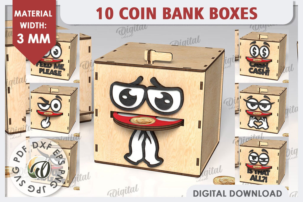 Coin Bank Boxes Laser Cut Bundle. Wooden Piggy Banks SVG - So Fontsy