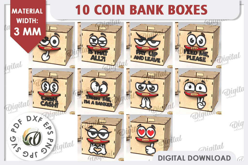 Coin Bank Boxes Laser Cut Bundle. Wooden Piggy Banks SVG - So Fontsy